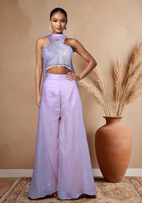 Buy Women Pink Palazzo Set With Embellished Blouse And Dupatta ...