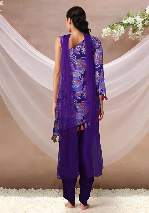 Buy Women Purple Dhoti Set With Printed Kurta And Dupatta - ZLK01772 ...
