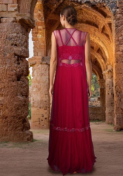 Buy Women Pink Jacket Set With Embellished Blouse And Dhoti Skirt ...