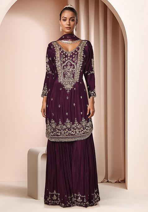 Buy Women Purple Embellished Sharara Set With Kurta And Dupatta ...