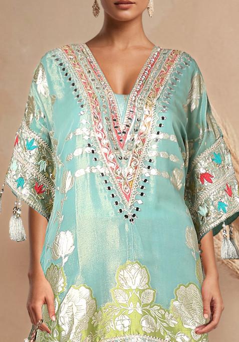 Buy Women Blue Brocade Kaftan Set With Printed Sharara And Potli ...