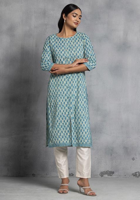 Buy Women Blue Floral Print Sequin Embellished Cotton Kurta - ZRK00031 ...