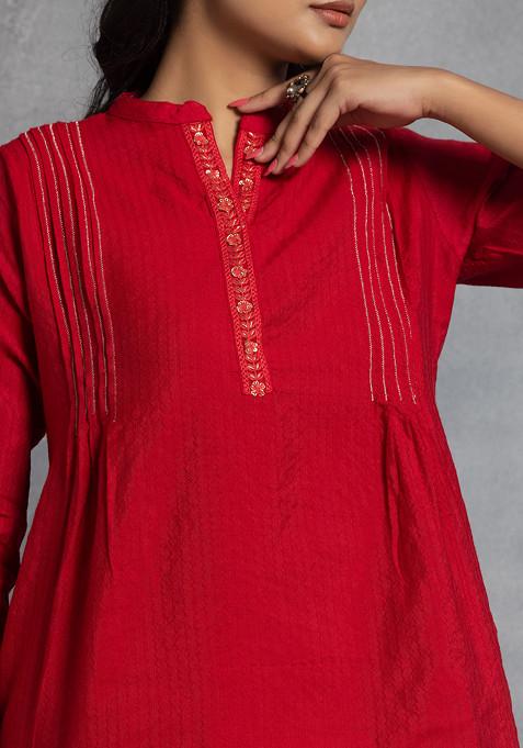 Buy Women Red Embroidered Cotton Short Kurta - ZRK00049 - Kurta - Indya