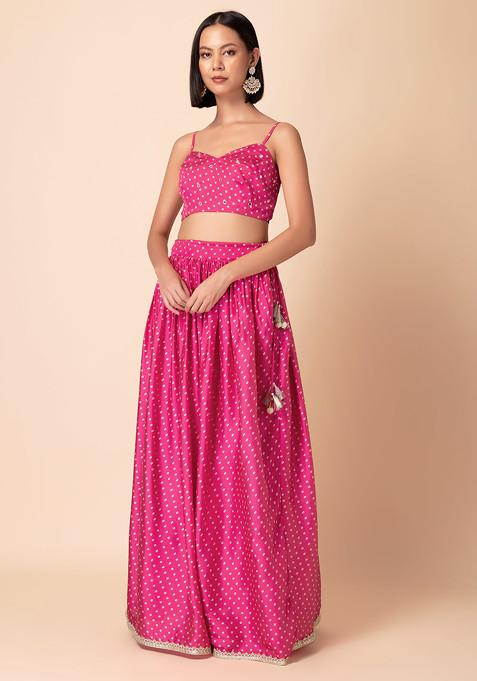 Buy Women Pink Bandhani Print Lehenga With Strappy Blouse And Dupatta ...