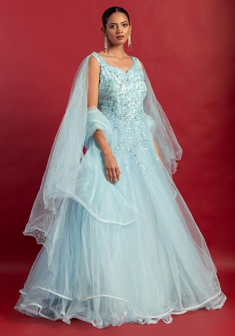 Buy Women Powder Blue Floral Sequin Embellished Mesh Gown With Dupatta ...