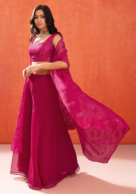 Buy Women Hot Pink Palazzo Set With Mirror Embroidered Blouse And ...