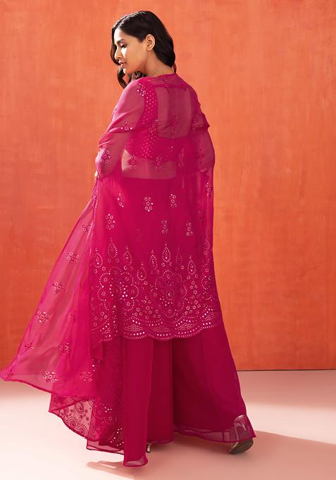 Buy Women Hot Pink Palazzo Set With Mirror Embroidered Blouse And ...