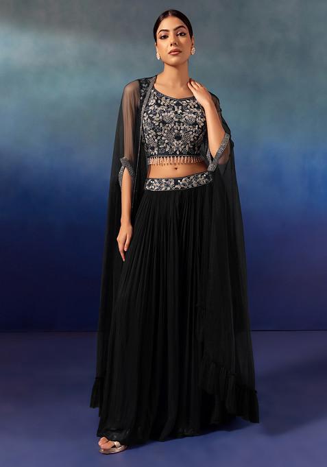 Buy Women Black Lehenga Set With Floral Embellished Blouse And Mesh ...