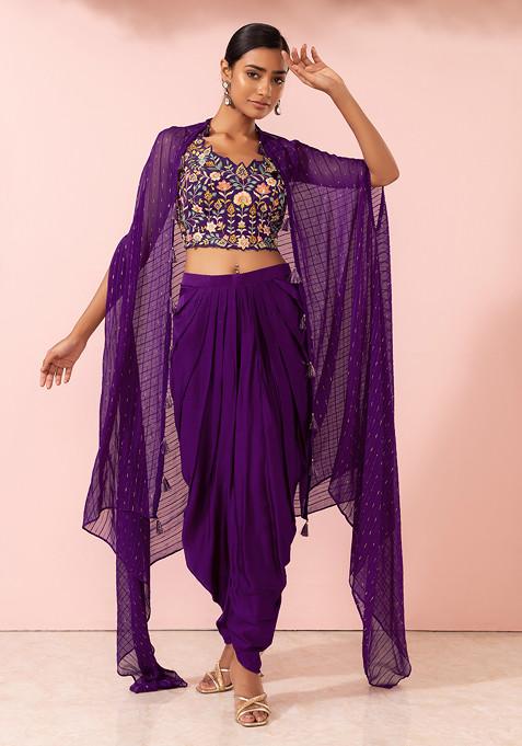 Buy Women Purple Dhoti Pants Set With Floral Embroidered Blouse And ...