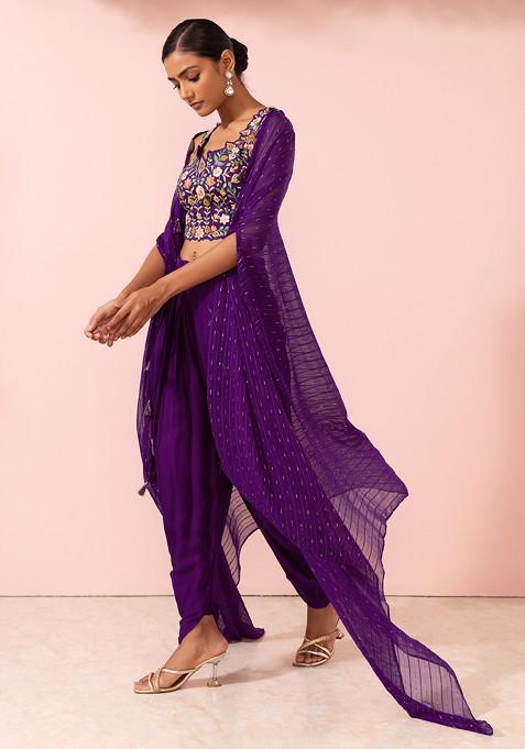 Buy Women Purple Dhoti Pants Set With Floral Embroidered Blouse And ...