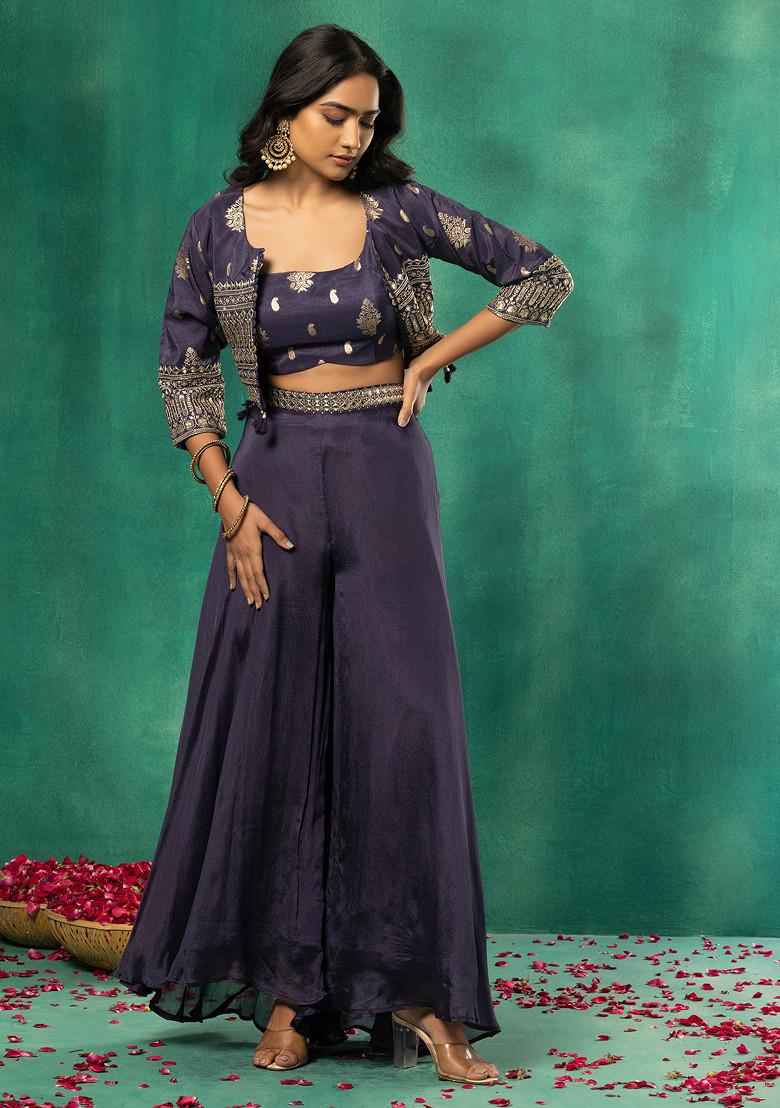 Buy Women Purple Palazzo Set With Foil Print Blouse And Short Jacket ...
