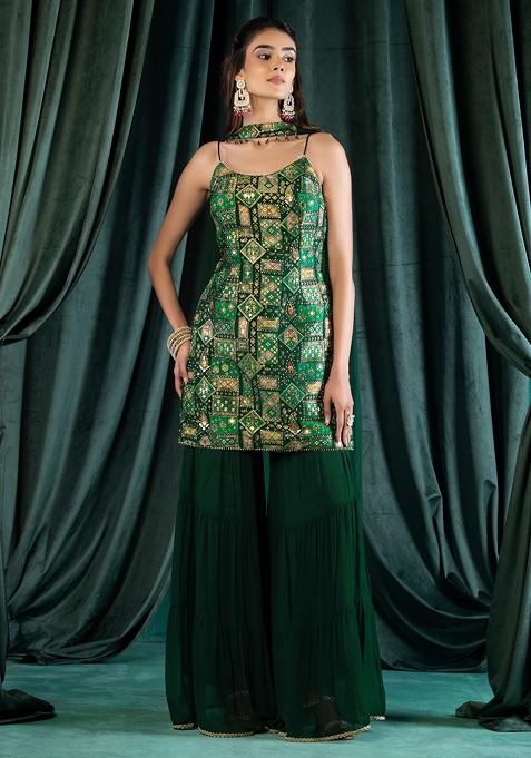 Buy Women Light Green Sharara Set With Abstract Print Strappy Kurta And ...
