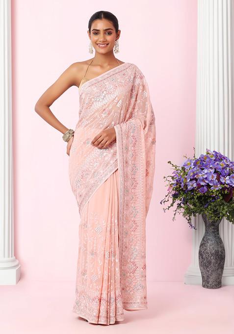 Buy Women Pastel Pink Floral Multicolour Thread Embroidered Saree With ...