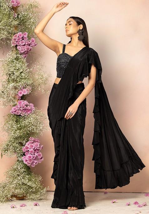 Buy Women Black Ruffled Satin Pre-Stitched Saree Set With Sequin ...