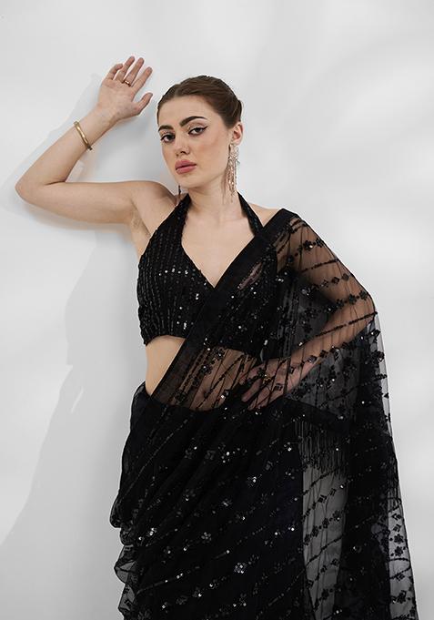 Buy Women Black Thread Sequin Embroidered Net Saree - XSR01373 - Black ...