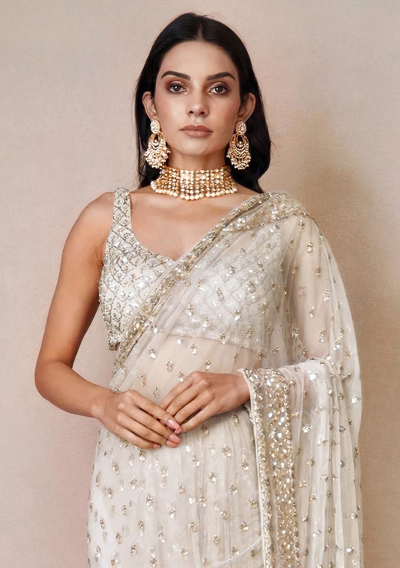 Buy Women Off White Embellished Soft Net Saree Set - XSR18865 ...