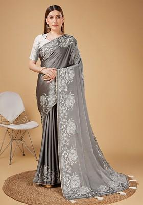 Buy Women Embroidered Broder Satin Saree - 27875322 - Unstitched Sarees ...