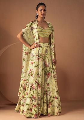 Buy Women Yellow Jacket Set With Hand Embroidered Blouse And Palazzo ...