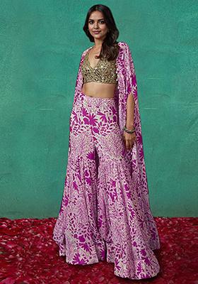 Buy Women Pink Jacket Set With Hand Embroidered Blouse And Sharara ...