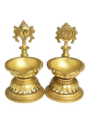 Buy Women Brass Table Decor Shankh Chakra Deepak Oil Lamp - HPI00125 ...