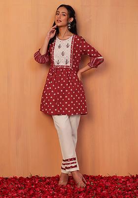 Buy Women Red Printed Cotton Short Kurta And Pants (Set Of 2 ...