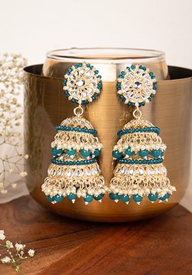 Buy Women Gold Finish Kundan And Teal Bead Jhumka Earrings Festive Favorites Indya