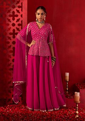Buy Women Pink Embroidered Peplum Kurta Set With Flared Palazzo And ...