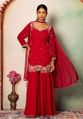 Buy Women Berry Pink Sharara Set With Sequin Hand Embroidered Kurta And ...