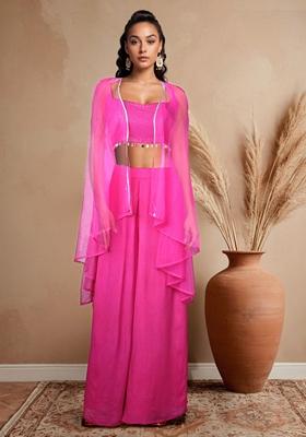 Buy Women Pink Jacket Set With Mirror Embroidered Blouse And Pants ...