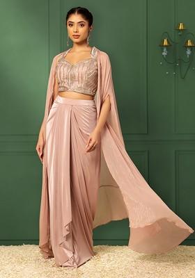 Buy Women Powder Pink Jacket Set With Embellished Blouse And Draped ...