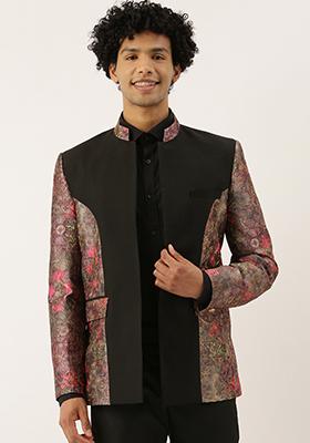 Buy Black And Pink Floral Embroidered Open Jacket For Men - MBS00040 ...
