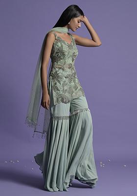 Buy Women Mint Green Sequin Embroidered Gharara Set - WLK00208 - Kurta ...