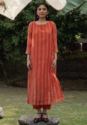 Buy Women Rust Kantha Embroidered Kurta Set - Designer Kurta Sets - Indya