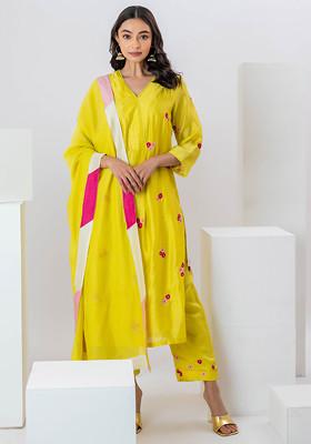 Buy Women Yellow Applique Embroidered Chivia Silk Suit Set - Designer ...