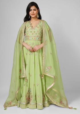 Buy Women Lime Green Gotta Dori Embroidered Silk Georgette Anarkali Set ...
