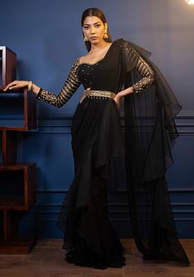 Buy Women Black Night Tulip Ruffle Saree Set - WLS00032 - Sarees - Indya