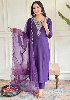 Buy Women Violet Embroidered Poly Blend Kurta Set - XKS19713 - Kurta ...