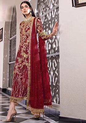 Buy Women Dark Red Embroidered Net Kurta Set - XKU09152 - Salwar Kameez ...