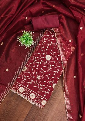 Buy Women Maroon Solid Net Dress Material - XKU13477 - Three Piece Set ...