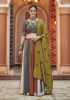 Buy Women Multicolor Thread Embroidered Viscose Rayon Lehenga Set ...