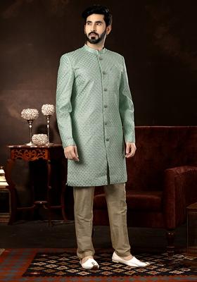 Buy Mint Green Thread Embroidered Cotton Sherwani Set For Men ...