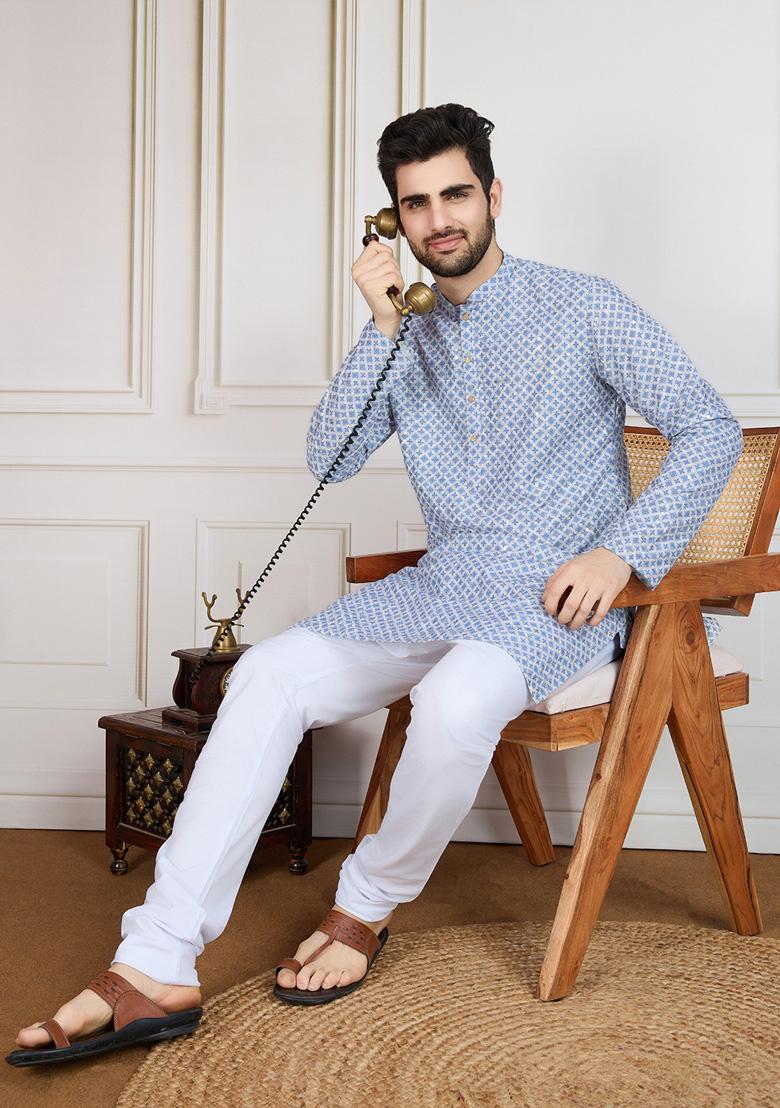 Buy Blue Sequin Embroidered Cotton Kurta For Men - XMS13631 - Kurtas ...