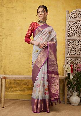 Buy Women Lavender Digital Print Muga Silk Checked Saree With Blouse ...