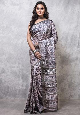 Buy Women Multicolour Digital Print Russian Silk Blend Saree Set ...