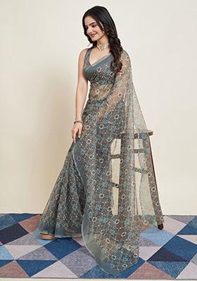 Buy Women Black Printed Super Net Saree Set - XSR13355 - Traditional ...