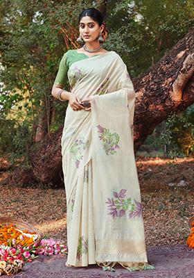 Buy Women White Woven Thread Embroidered Cotton Saree Set - XSR23707 ...