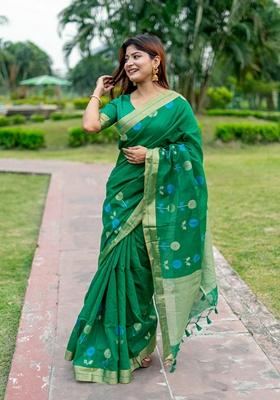 Buy Women Green Solid Linen Saree Set - XSR28289 - Sarees - Indya
