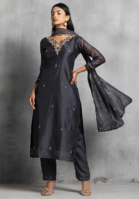 Buy Women Grey Floral Bead Hand Work Kurta Set With Pants And ...